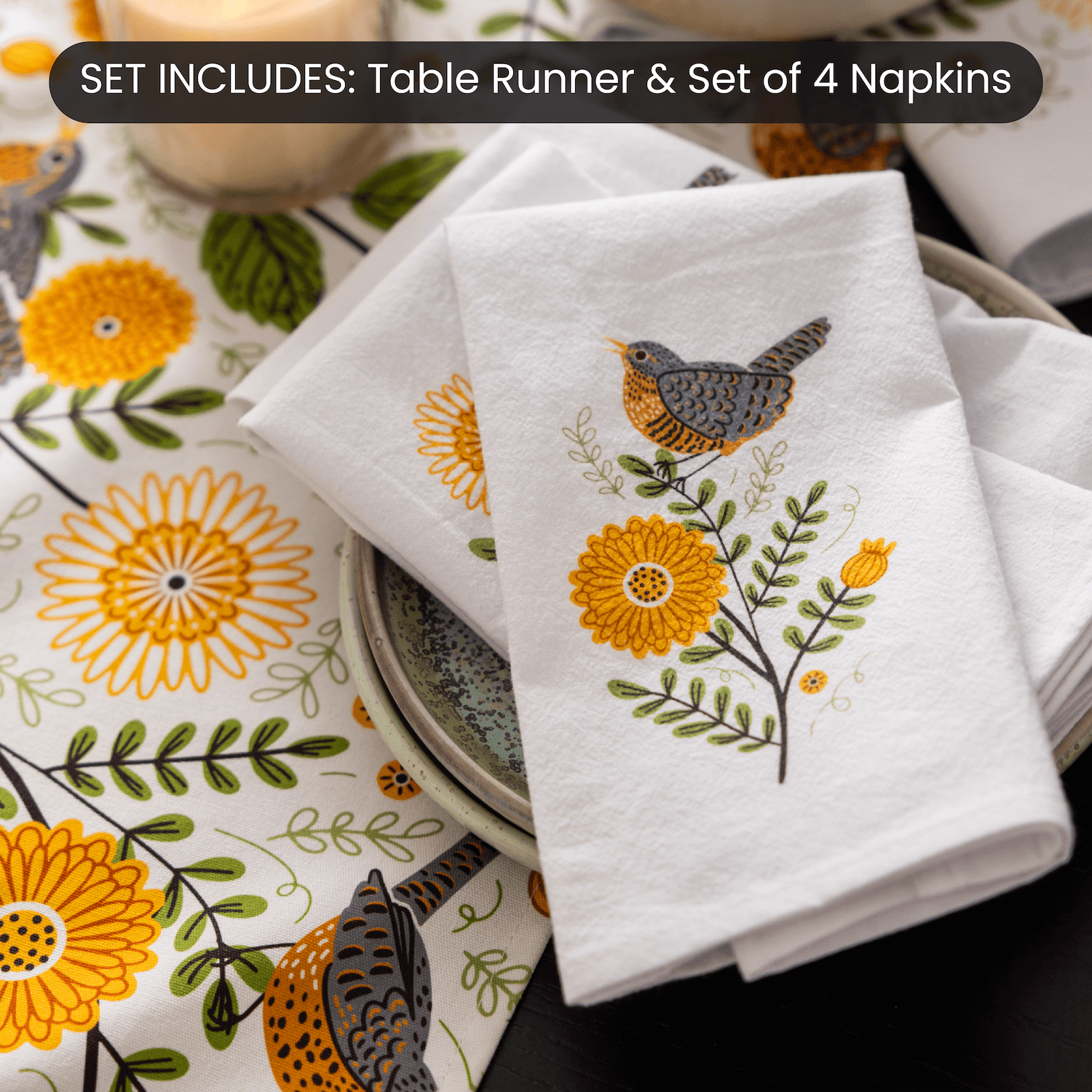 Mums & Robins Table Runner & Cloth Napkins – Gingiber
